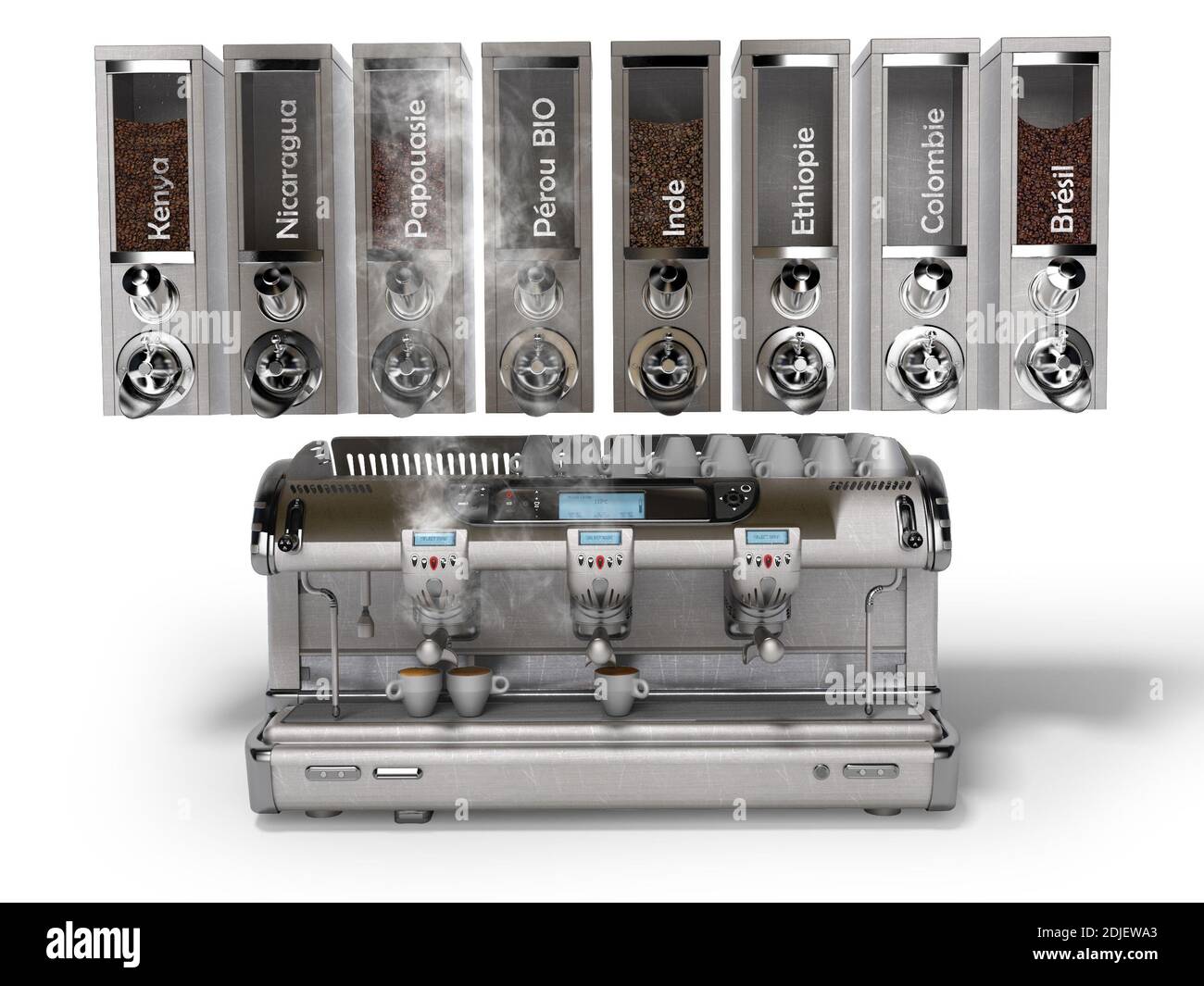 3D rendering metal coffee tank with professional coffee machine front ...