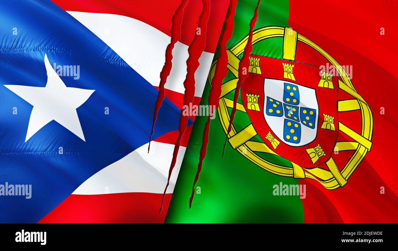 Puerto Rico and Portugal flags with scar concept. Waving flag,3D ...