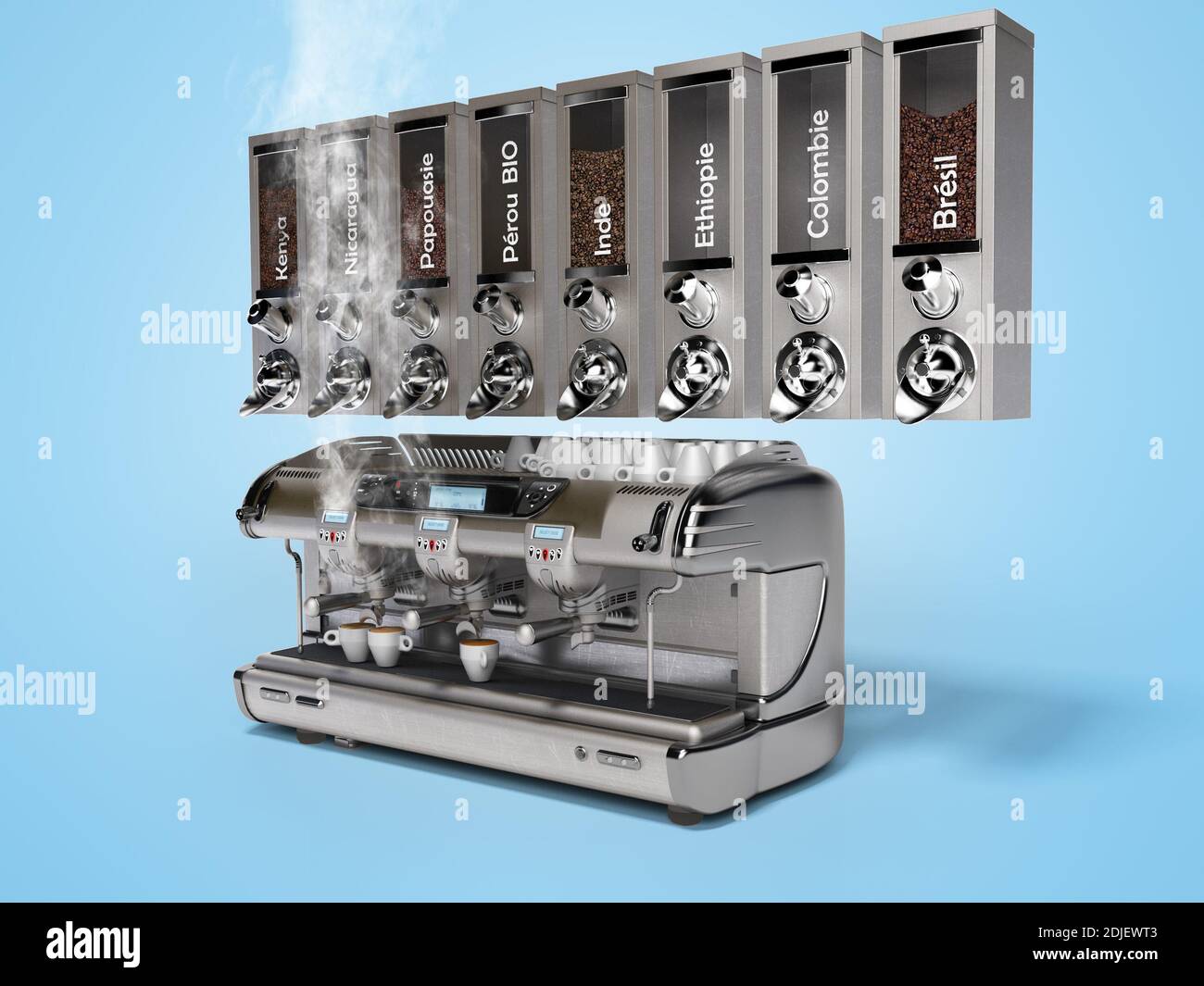 3D rendering metal coffee tank with professional coffee machine on blue ...