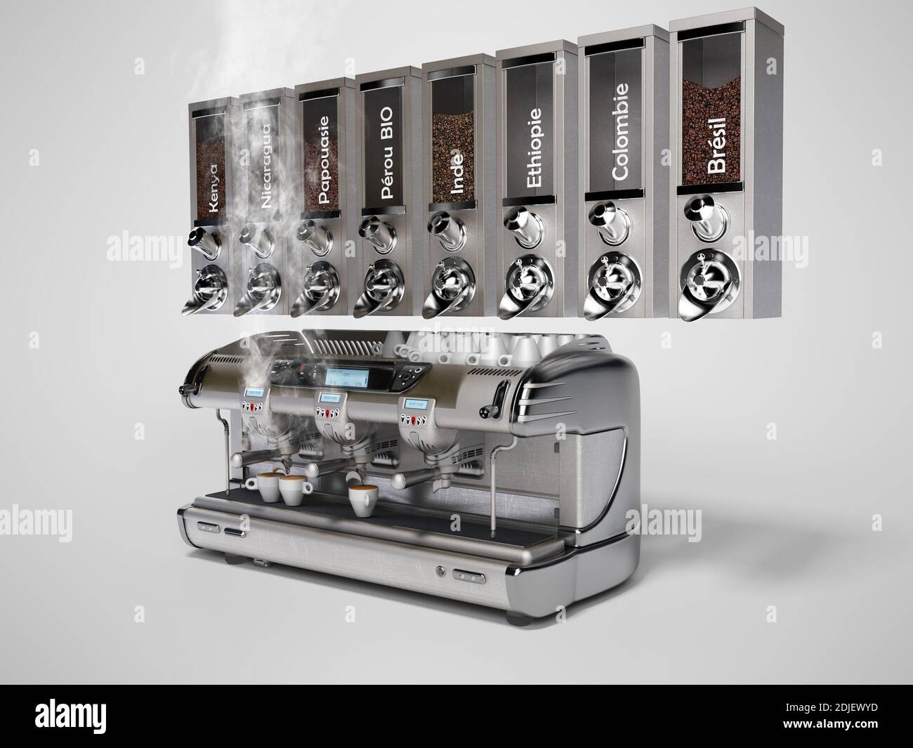 3D rendering metal coffee tank with professional coffee machine on gray ...