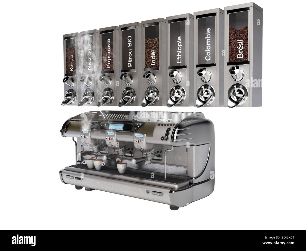 3D rendering metal coffee tank with professional coffee machine on ...