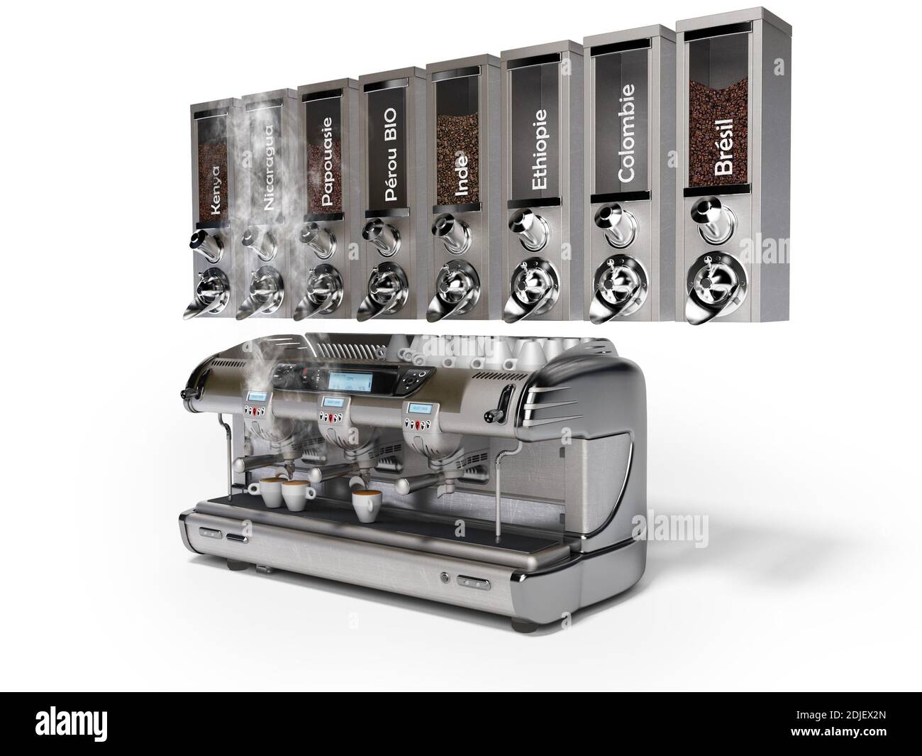 3D rendering metal coffee tank with professional coffee machine on ...