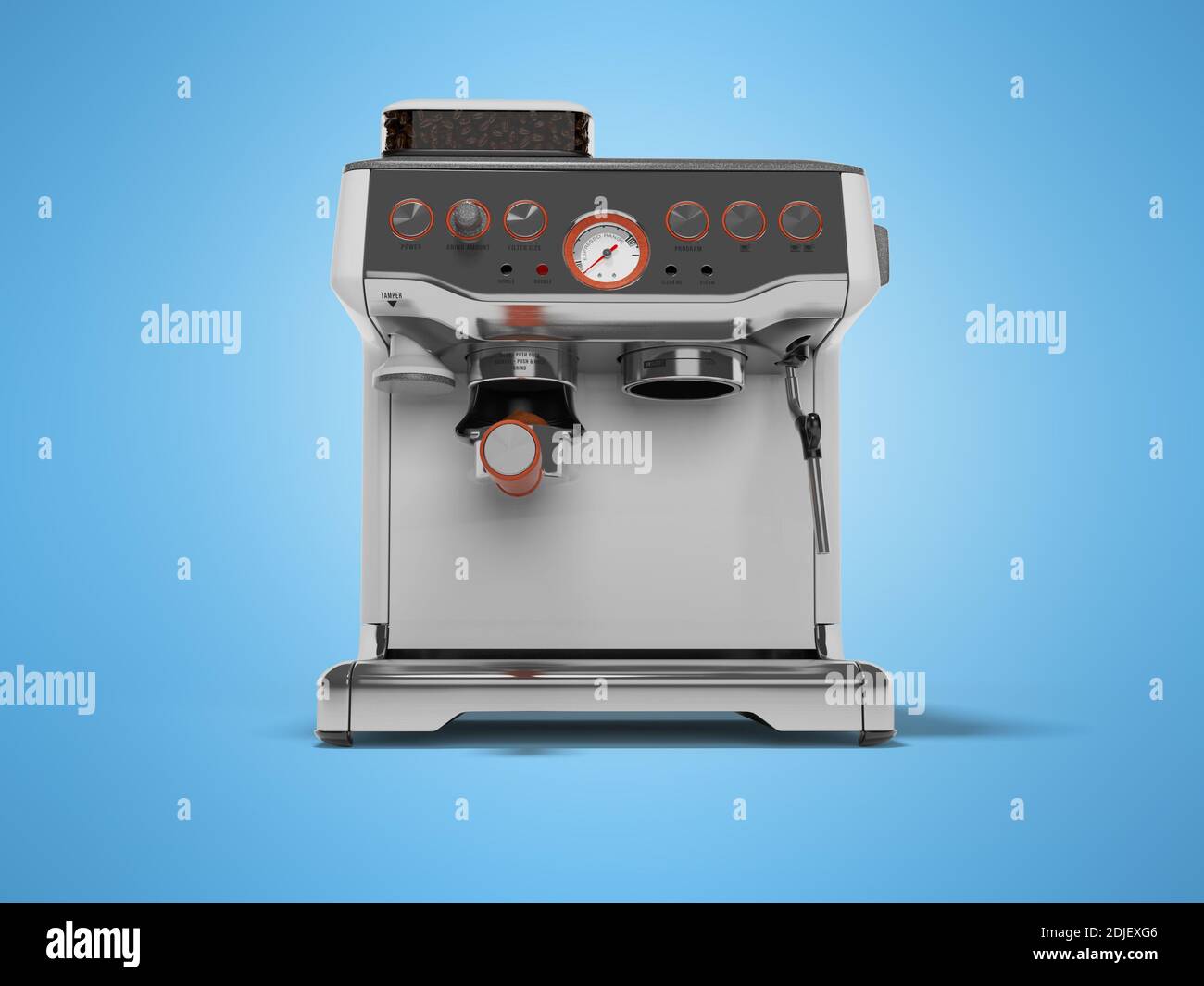 3D rendering metal home coffee machine on blue background with shadow ...