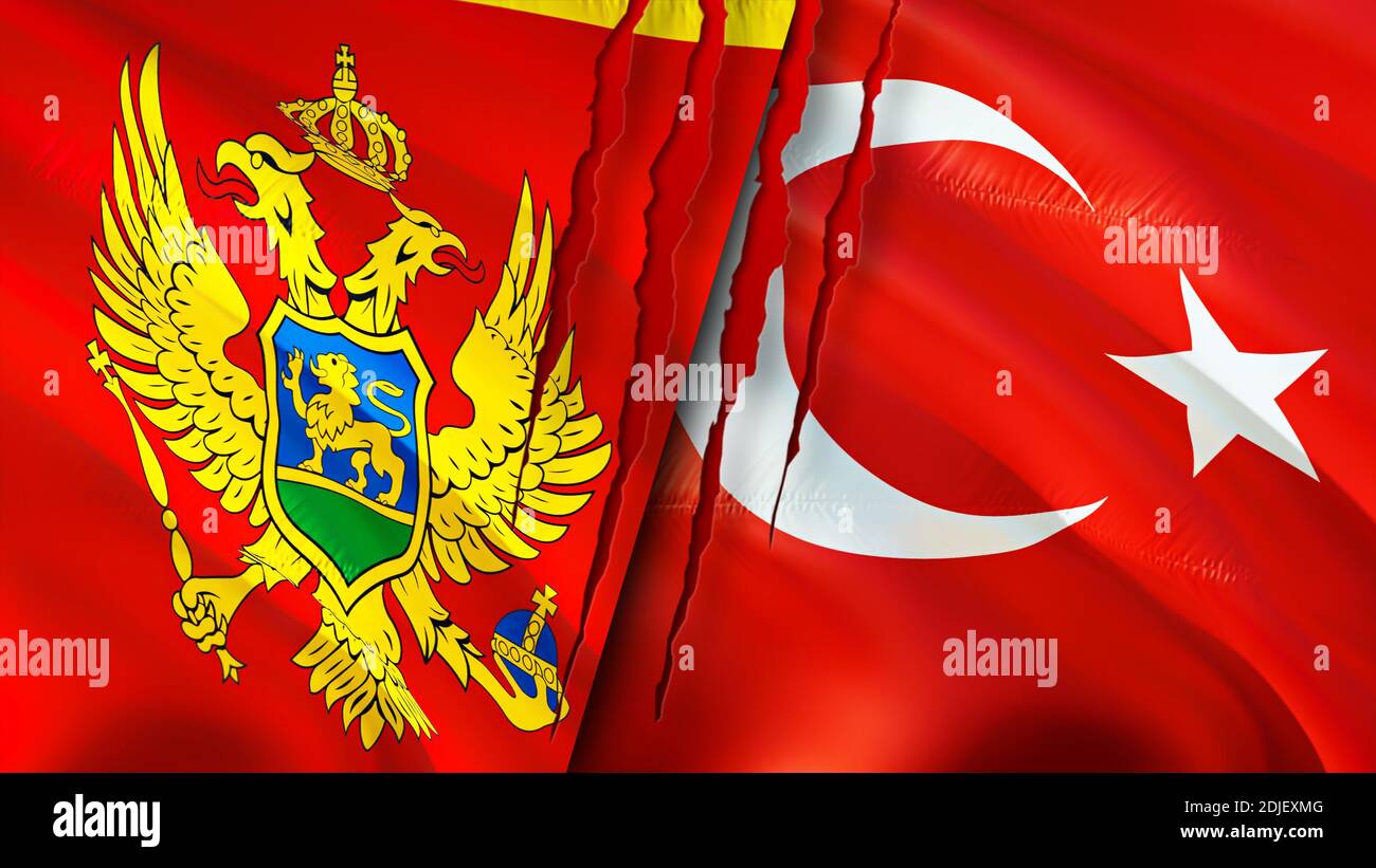 Montenegro and Turkey flags with scar concept. Waving flag,3D rendering ...