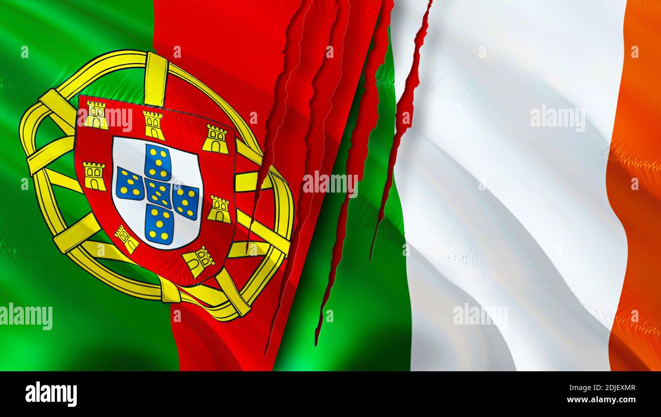 Portugal and Ireland flags with scar concept. Waving flag,3D rendering ...
