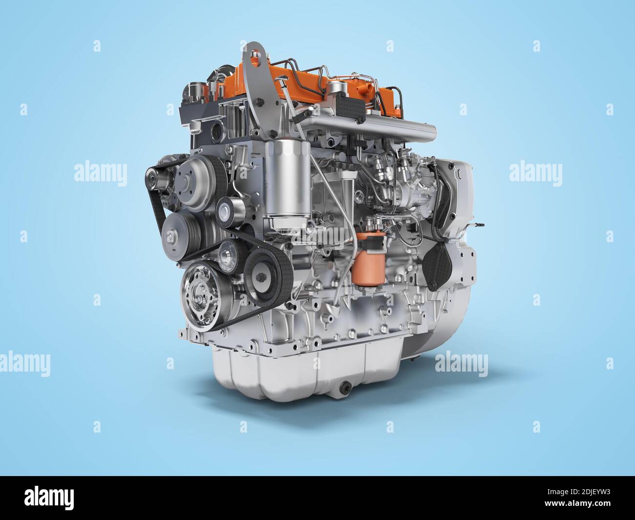 3D rendering motor for the car assembly on blue background with shadow ...