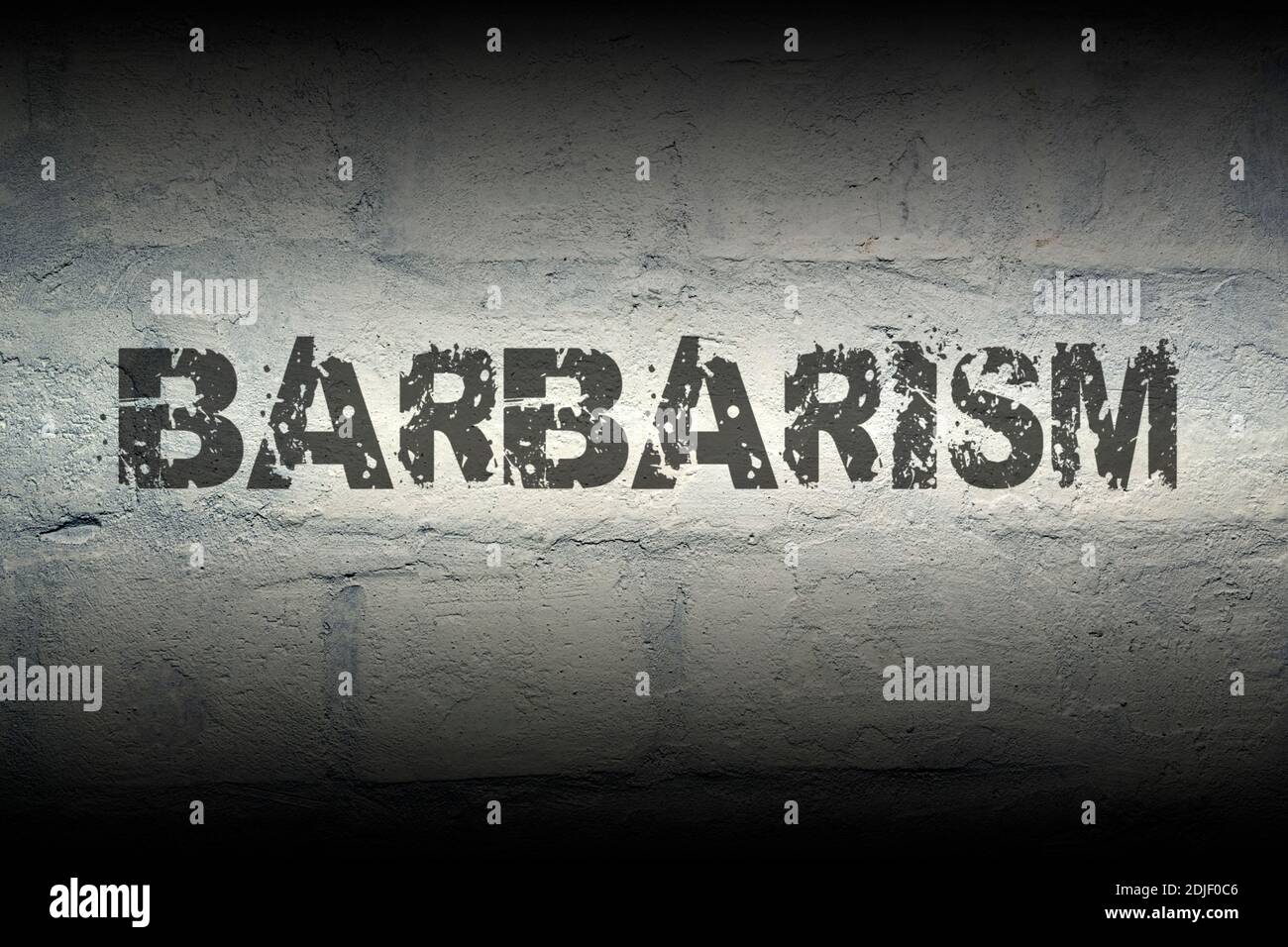 barbarism word stencil print on the grunge white brick wall Stock Photo ...