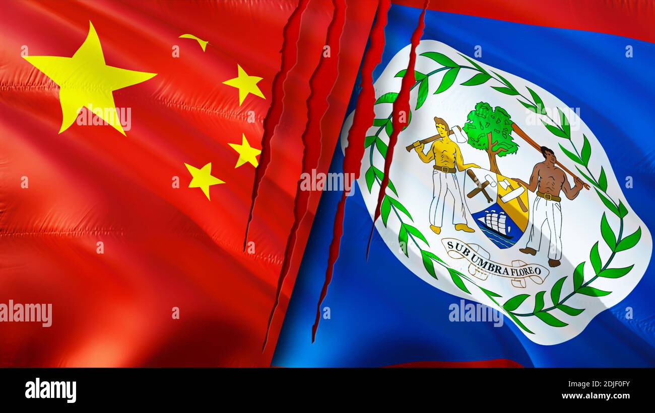China and Belize flags with scar concept. Waving flag,3D rendering ...
