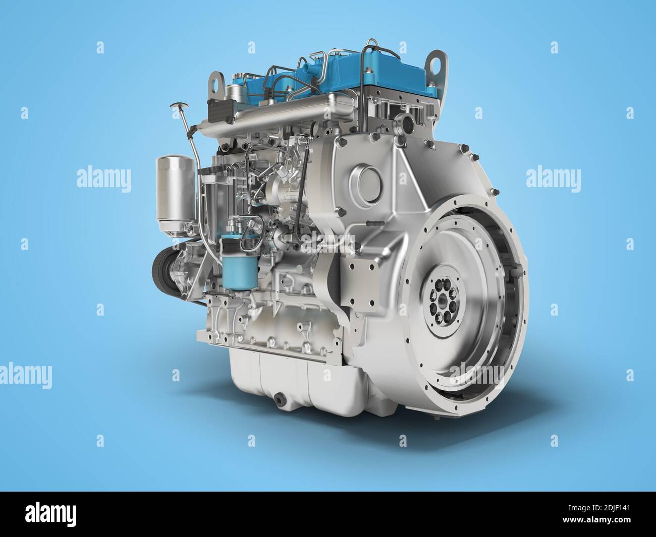 3D rendering of blue diesel engine for car assembly on blue background ...