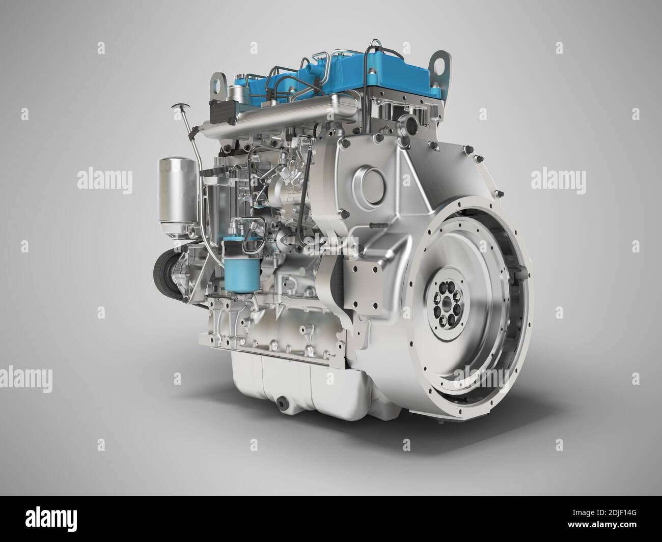 3D rendering of blue diesel engine for car assembly on gray background ...