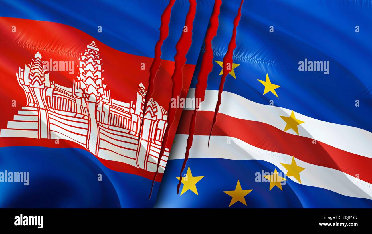 Cambodia and Cape Verde flags with scar concept. Waving flag,3D ...