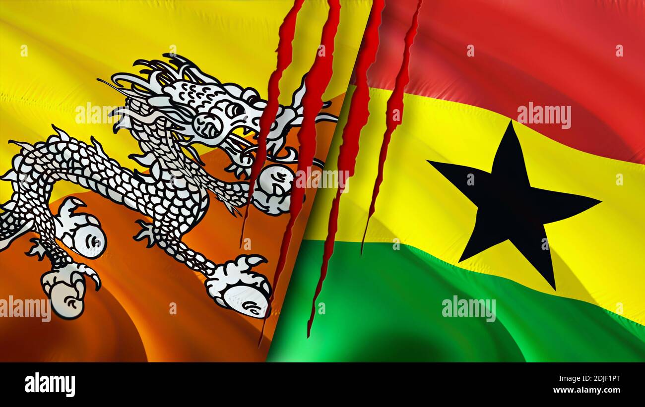 Bhutan and Ghana flags with scar concept. Waving flag,3D rendering ...