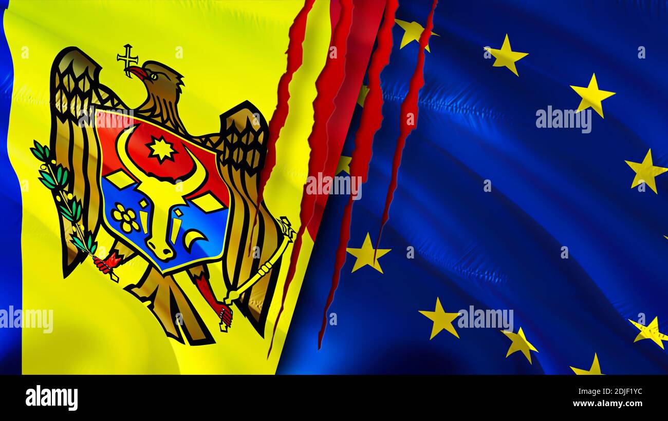 Moldova and European Union flags with scar concept. Waving flag,3D ...