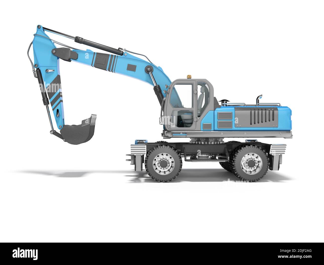 3D rendering of blue hydraulic wheel excavator on white background with ...