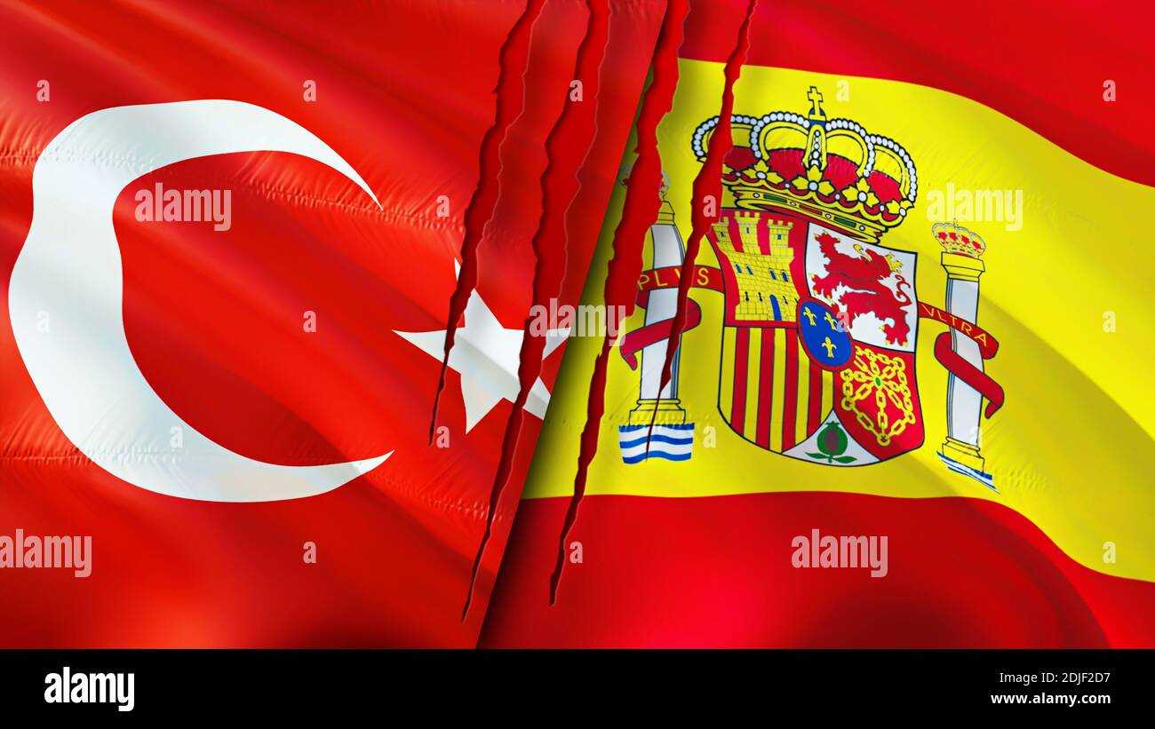 Turkey and Spain flags with scar concept. Waving flag,3D rendering ...