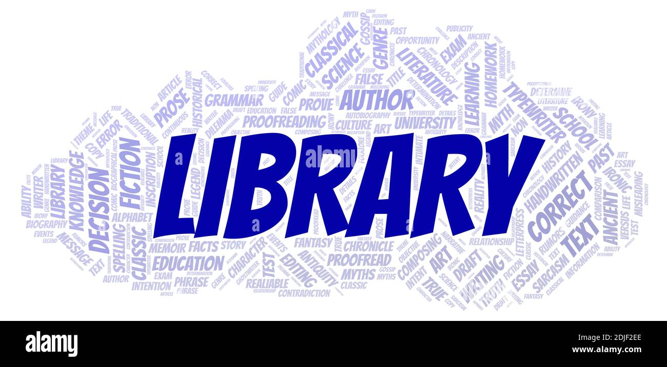 Library typography word cloud create with text only Stock Photo - Alamy