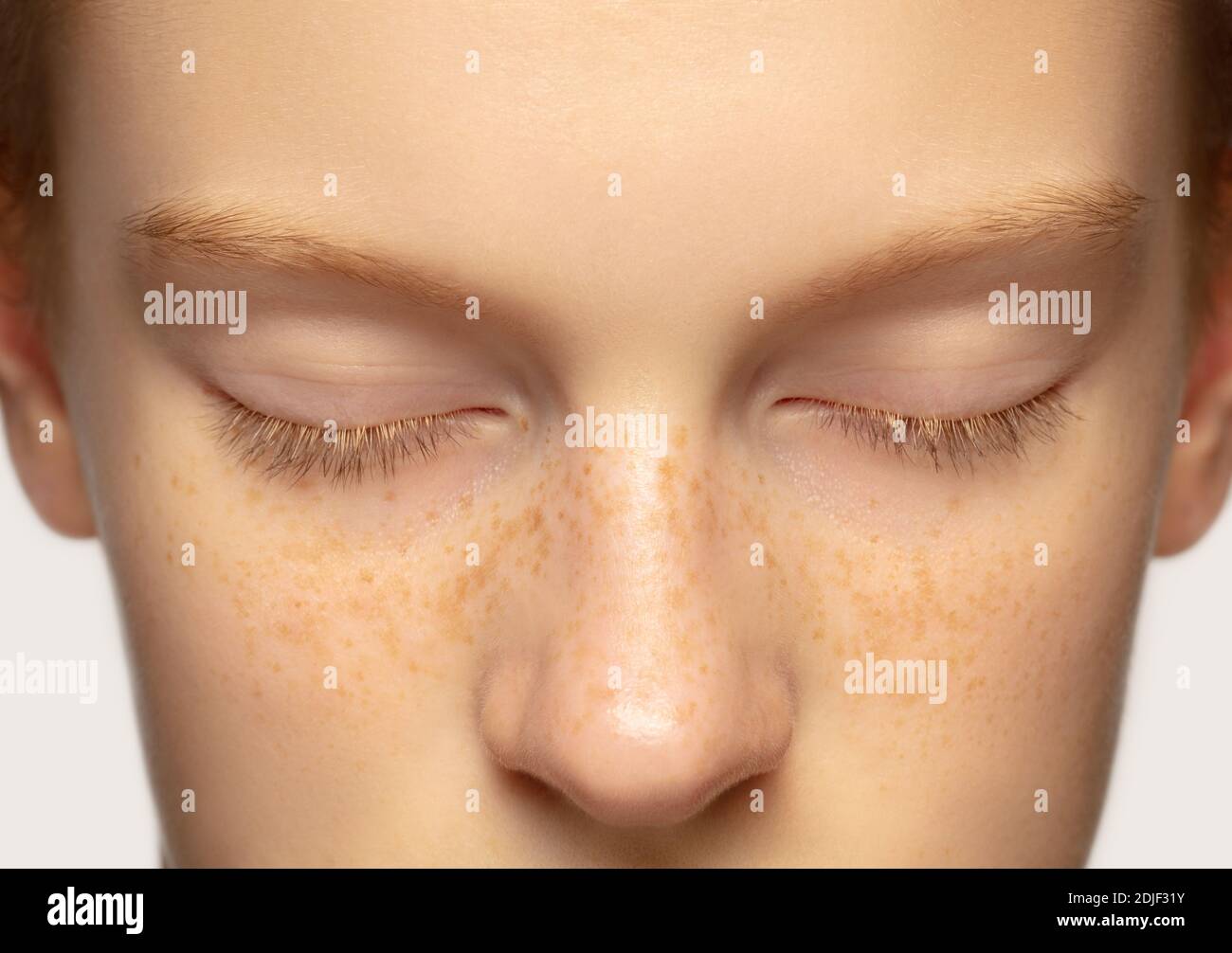 Eyelids, eyes closed. Close up portrait of beautiful caucasian female ...