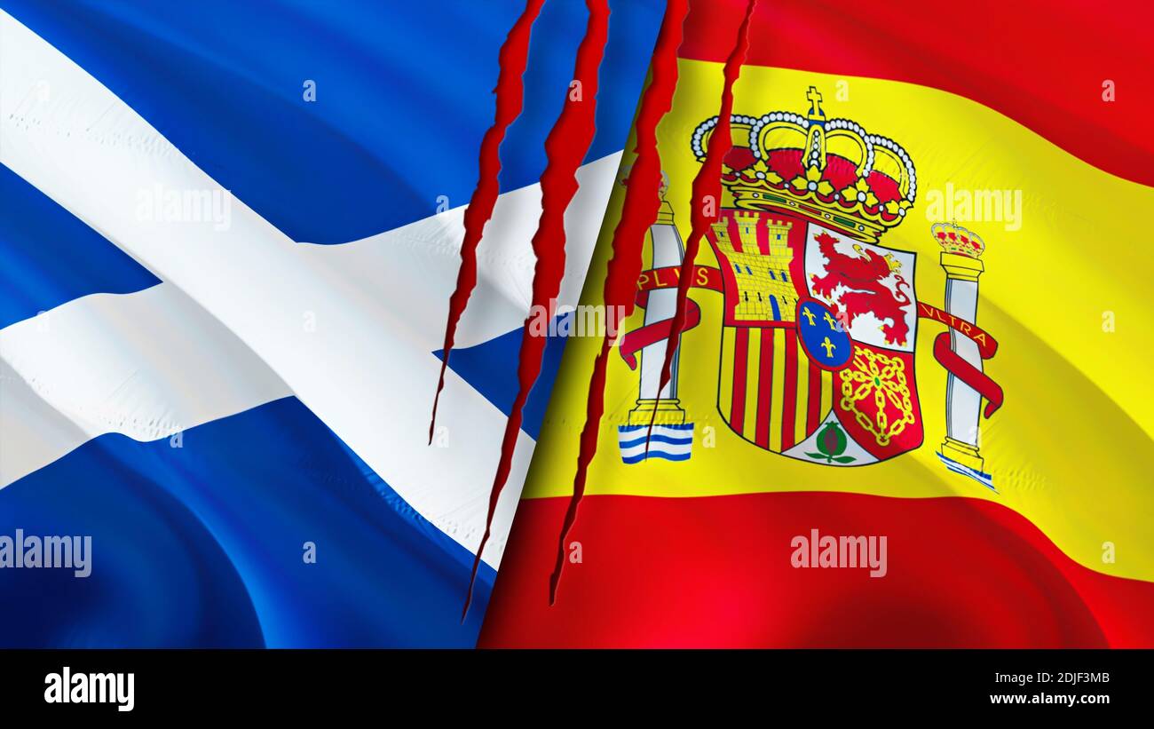Scotland and Spain flags with scar concept. Waving flag,3D rendering ...