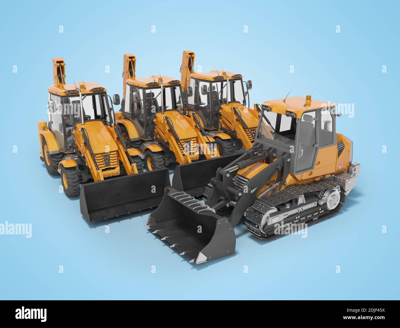 3D rendering of crawler excavator and three backhoe loaders for work on ...