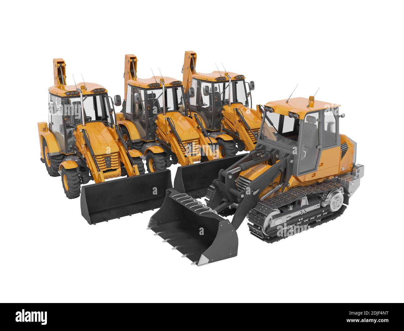3D rendering of crawler excavator and three backhoe loaders for work on ...