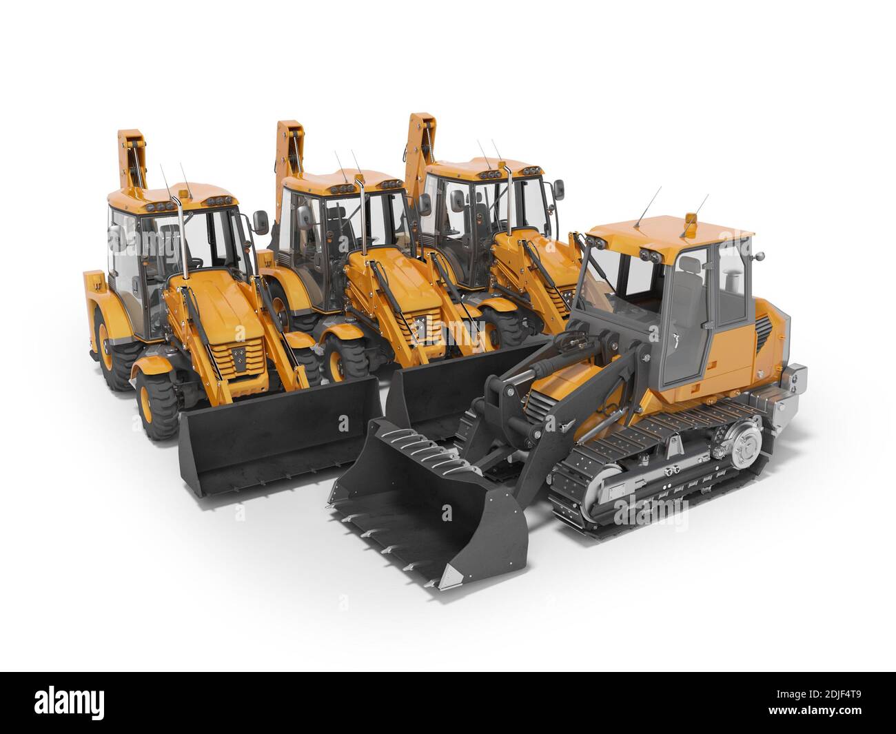 3D rendering of crawler excavator and three backhoe loaders for work on ...