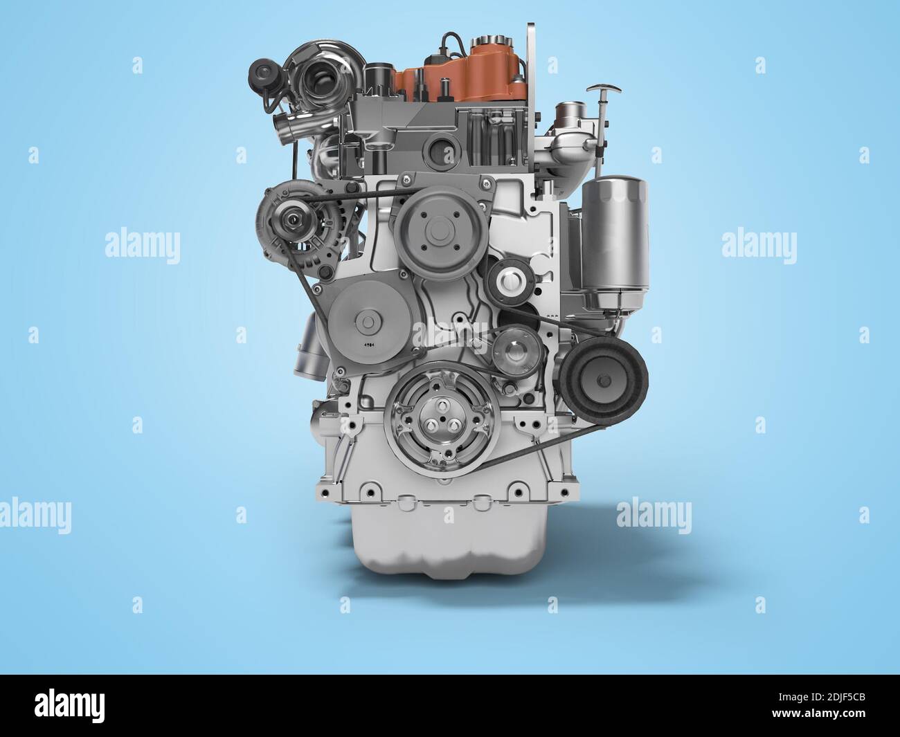 3D rendering of diesel engine for car front view on blue background ...