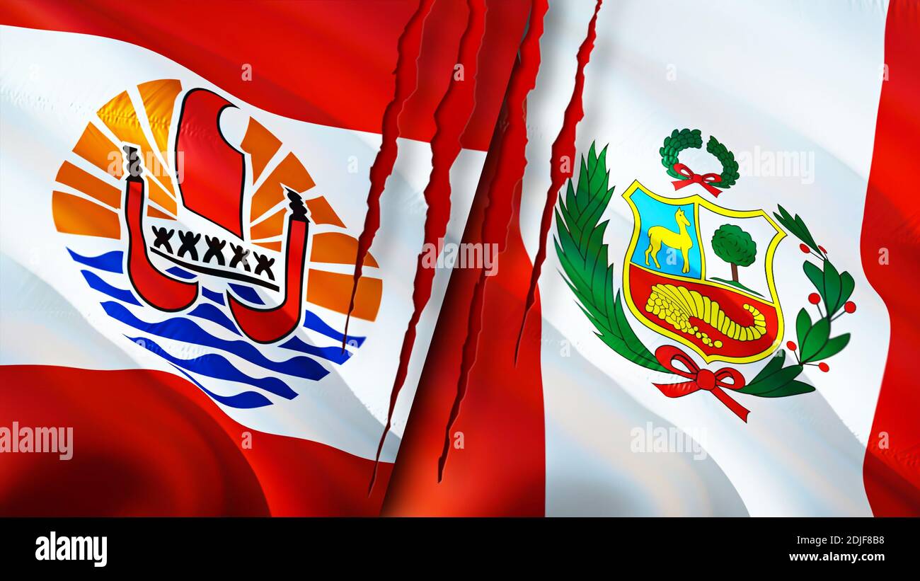 French Polynesia and Peru flags with scar concept. Waving flag,3D ...