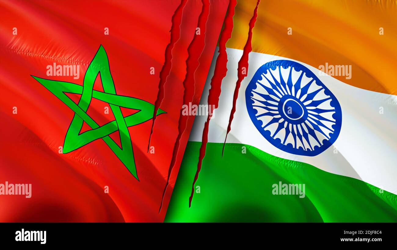 Morocco and India flags with scar concept. Waving flag,3D rendering ...