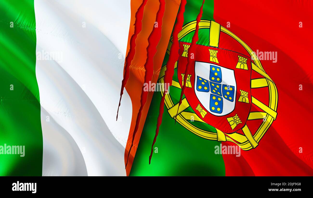 Ireland and Portugal flags with scar concept. Waving flag 3D rendering ...