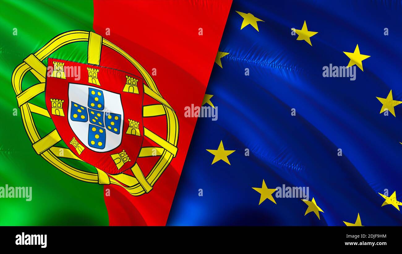 Portugal and European Union flags. 3D Waving flag design. Portugal ...