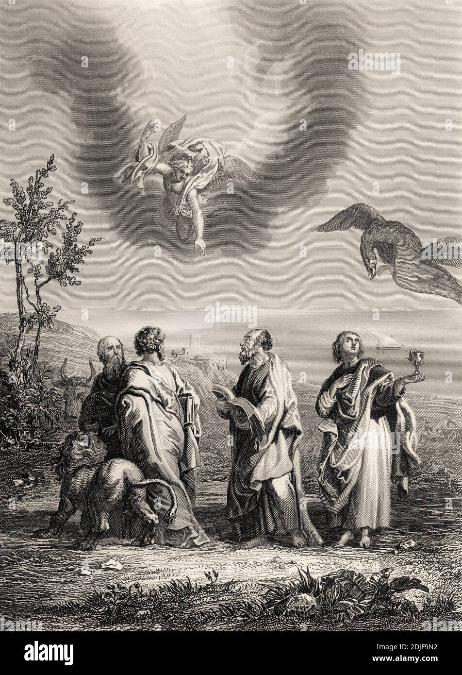 Evangelist portraits with their symbols, 1853, Steel engraving ...