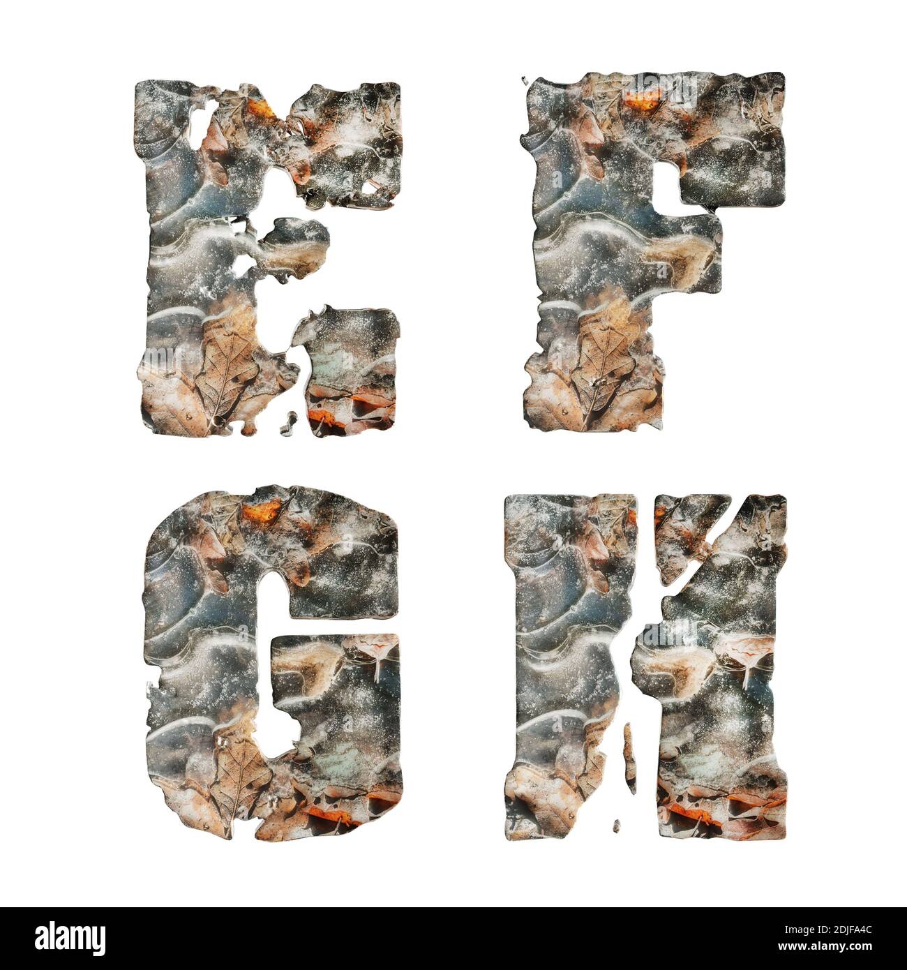 3D rendering of frozen and cracked alphabet - letters E-H Stock Photo ...