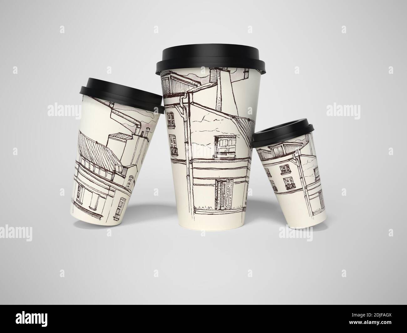 3d rendering of group of dimensional disposable paper cups with lid ...