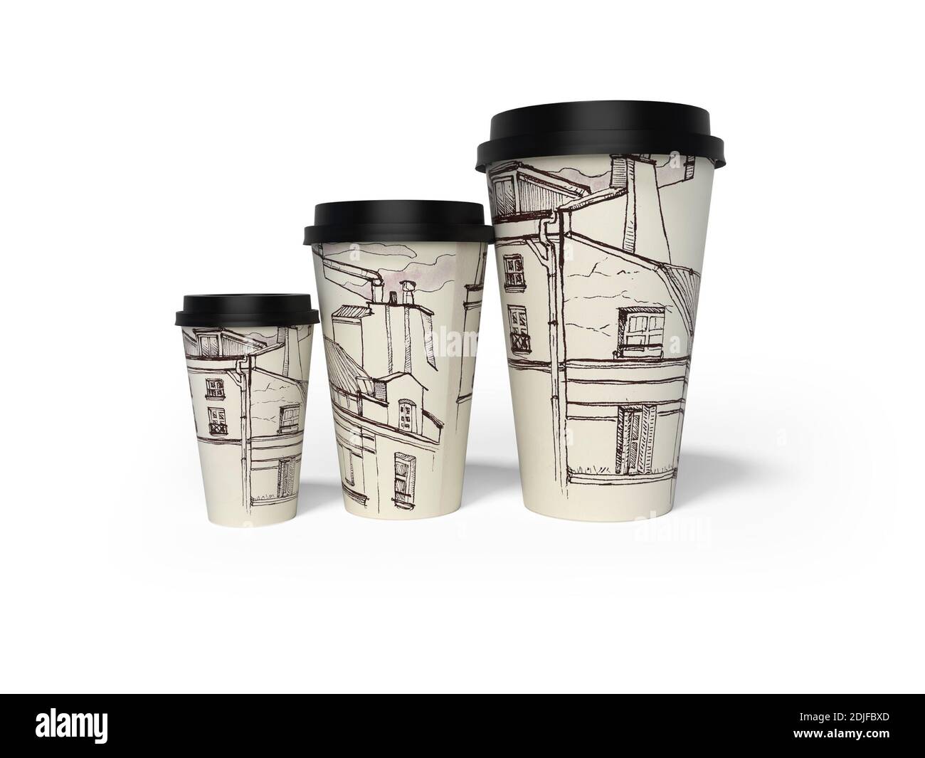 3d rendering of group of disposable paper cups with city texture on ...