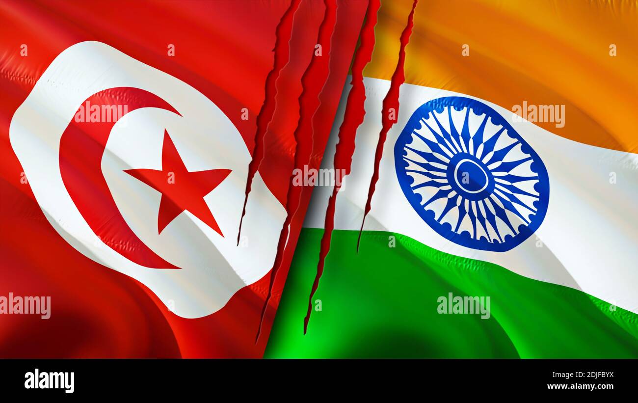 Tunisia and India flags with scar concept. Waving flag,3D rendering ...