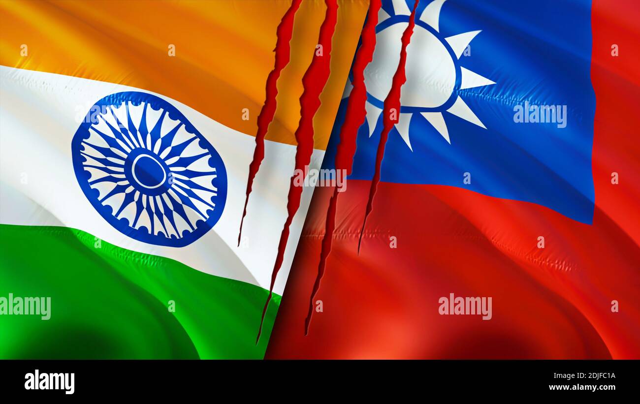 India and Taiwan flags with scar concept. Waving flag,3D rendering ...