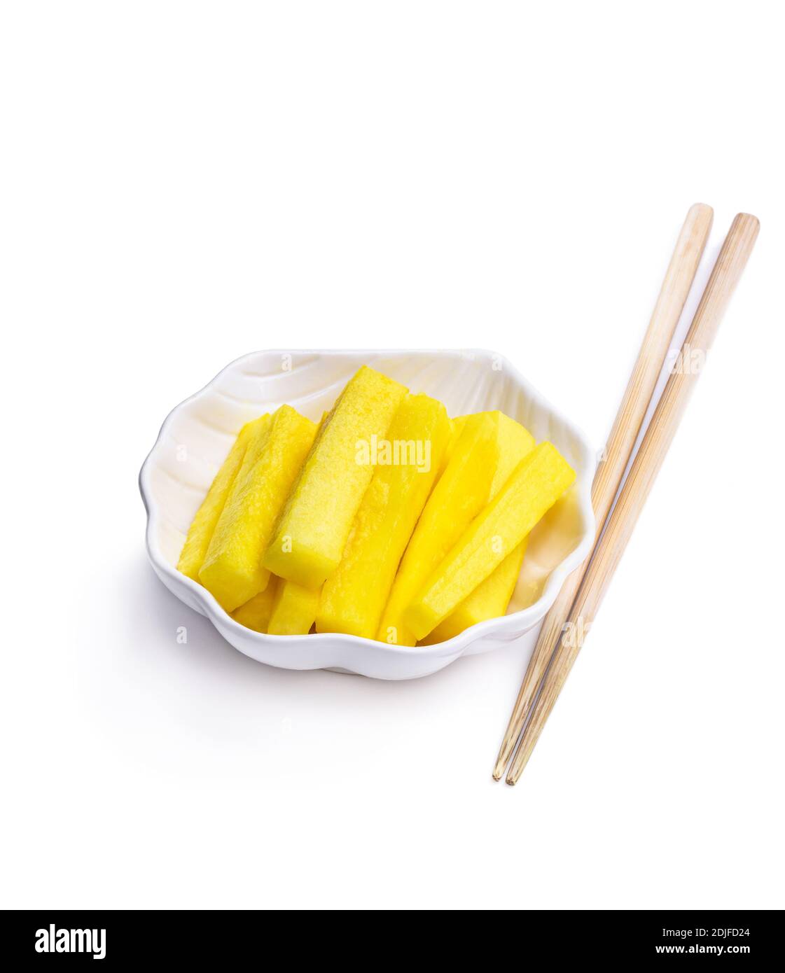 Marinated daikon slice with chopsticks isolated on white Stock Photo ...