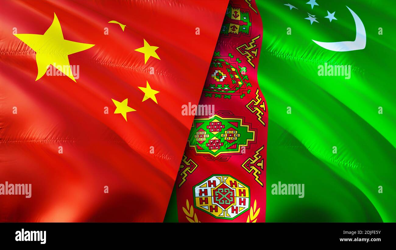 China and Turkmenistan flags. 3D Waving flag design. China Turkmenistan ...