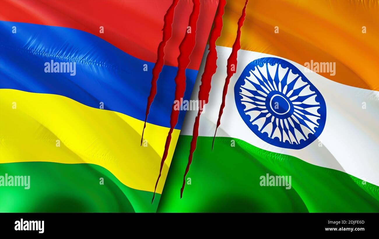 Mauritius and India flags with scar concept. Waving flag,3D rendering ...