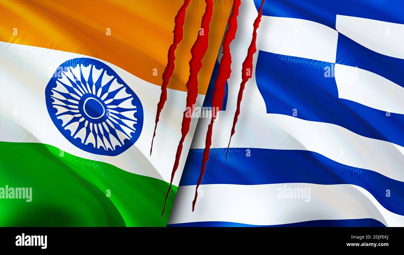 India and Greece flags with scar concept. Waving flag,3D rendering ...