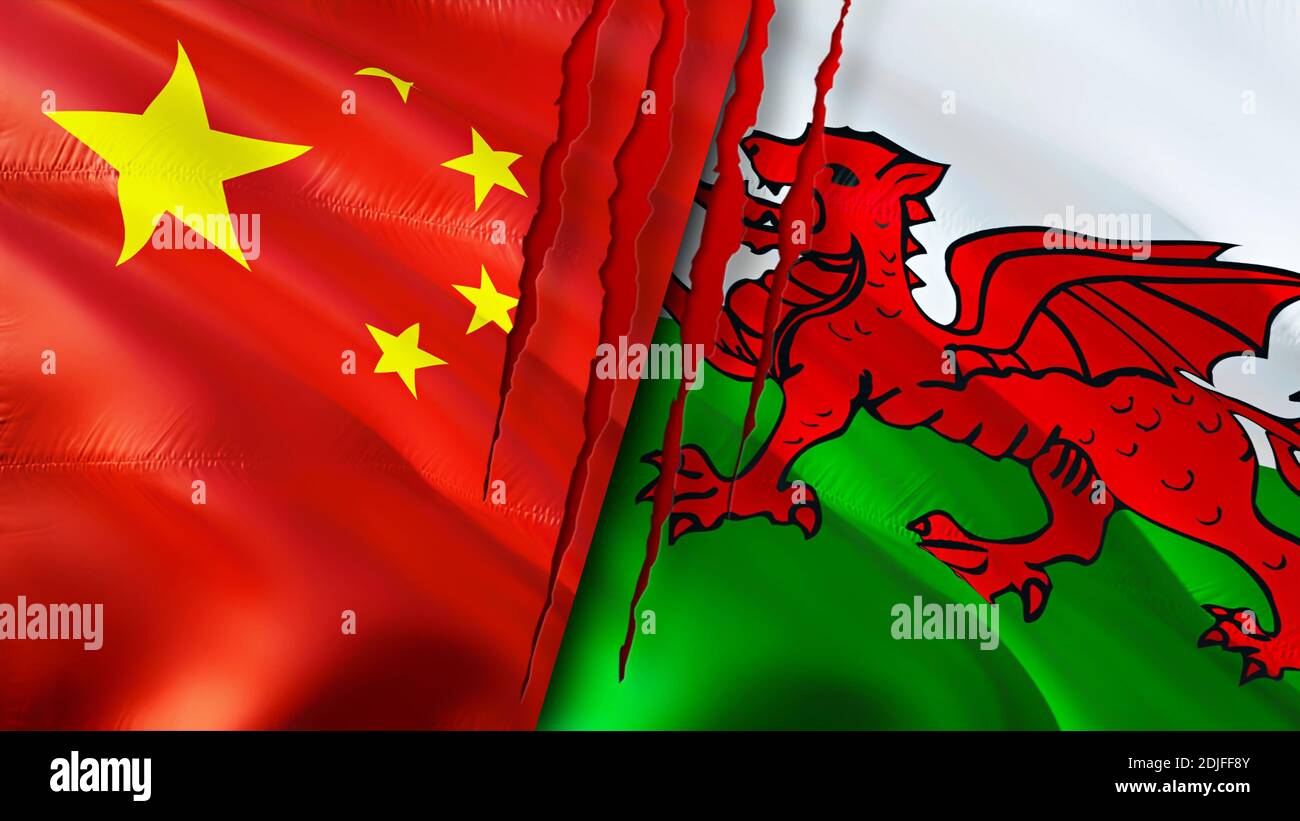 China and Wales flags with scar concept. Waving flag,3D rendering ...