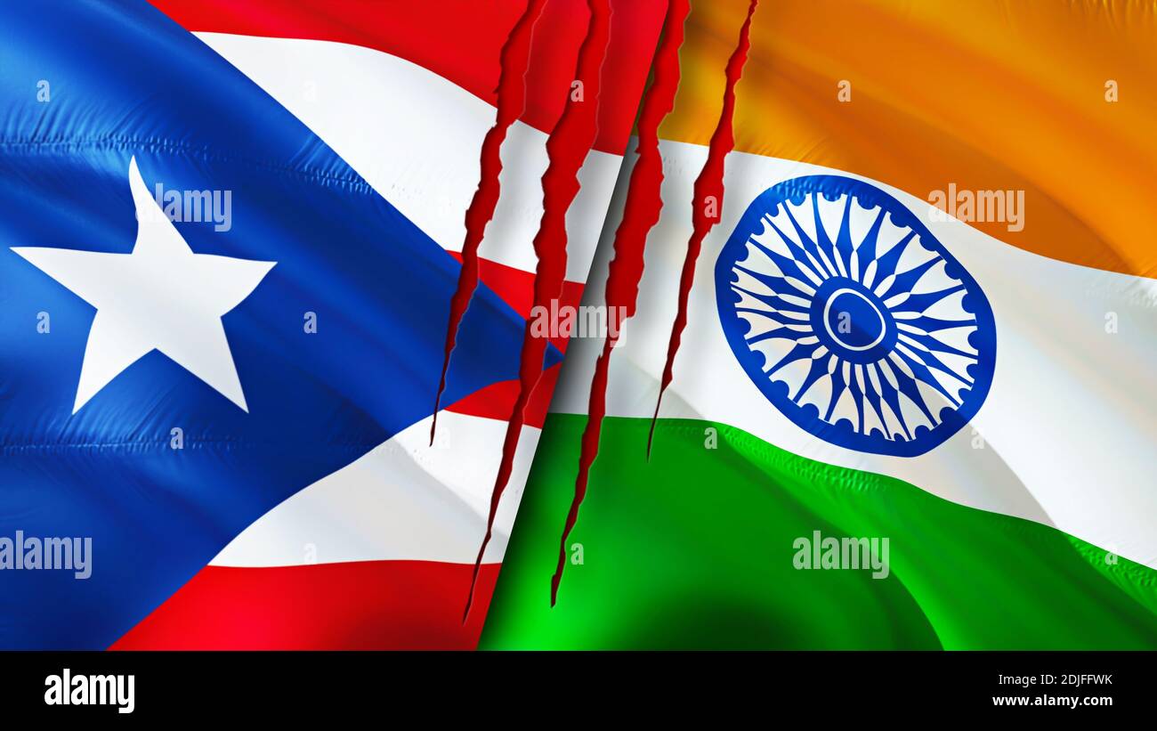 Puerto Rico and India flags with scar concept. Waving flag,3D rendering ...