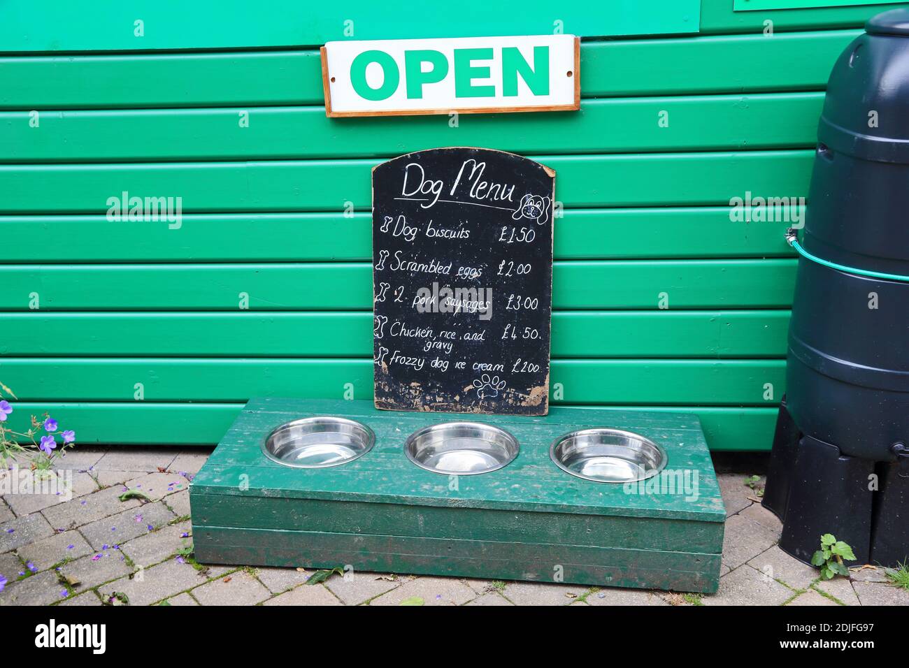 Dog Menu board outside dog friendly cafe, Keswick Stock Photo - Alamy