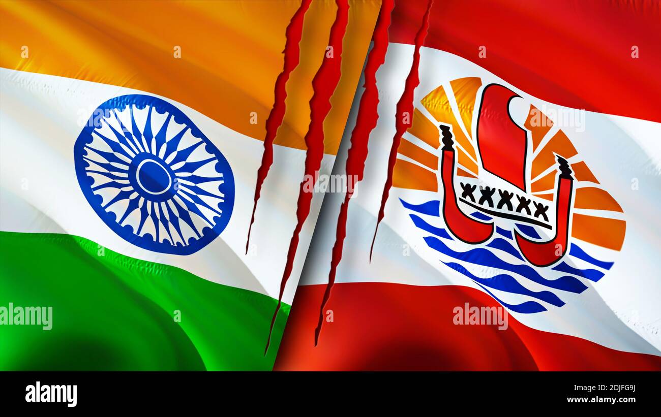 India and French Polynesia flags with scar concept. Waving flag,3D ...