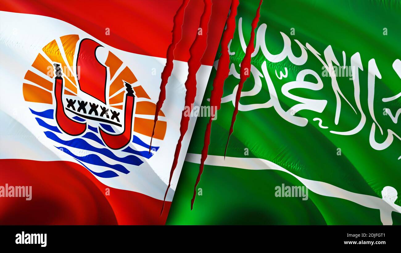 French Polynesia and Saudi Arabia flags with scar concept. Waving flag ...