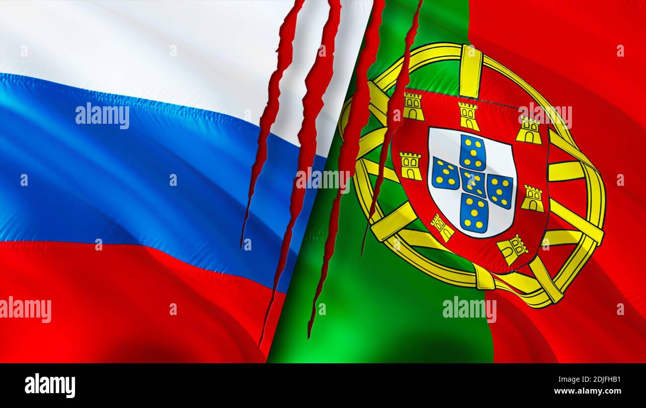 Russia and Portugal flags with scar concept. Waving flag,3D rendering ...