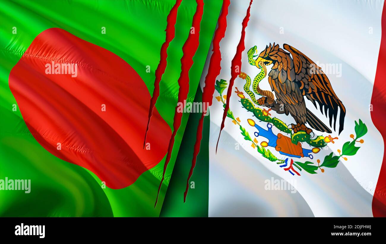 Bangladesh and Mexico flags with scar concept. Waving flag,3D rendering ...