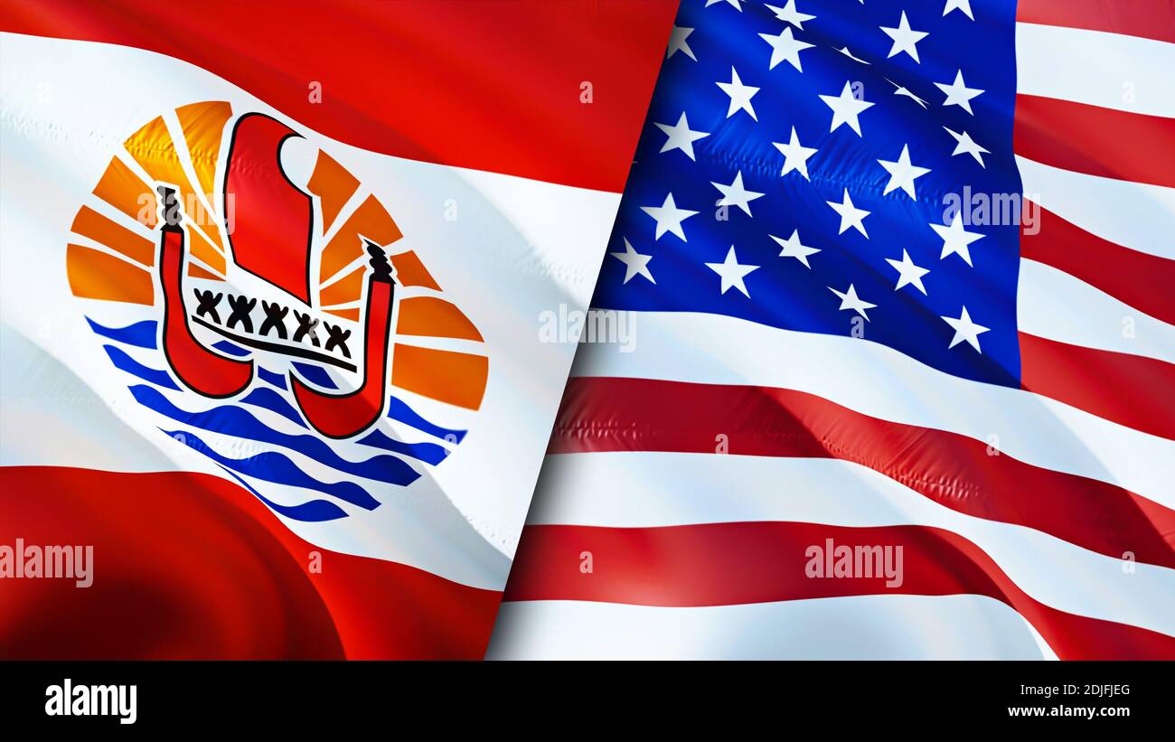 French Polynesia and United States flags. 3D Waving flag design. French ...