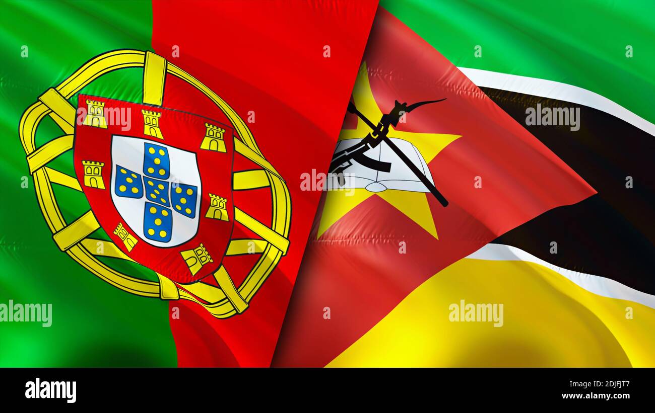 Portugal and Mozambique flags. 3D Waving flag design. Portugal ...