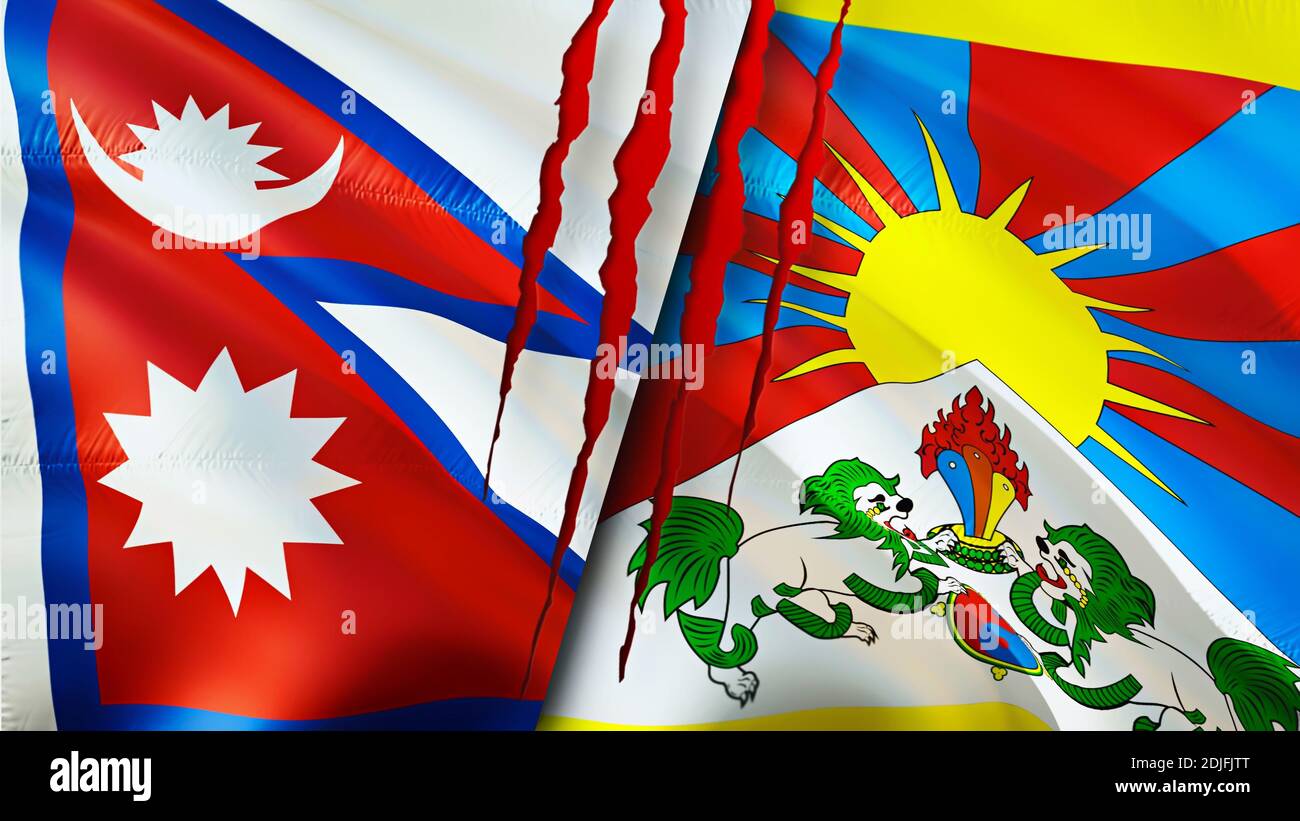 Nepal and Tibet flags with scar concept. Waving flag,3D rendering ...